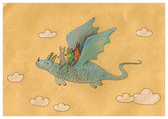 Items similar to Little flying dragon illustration A4 print on Etsy