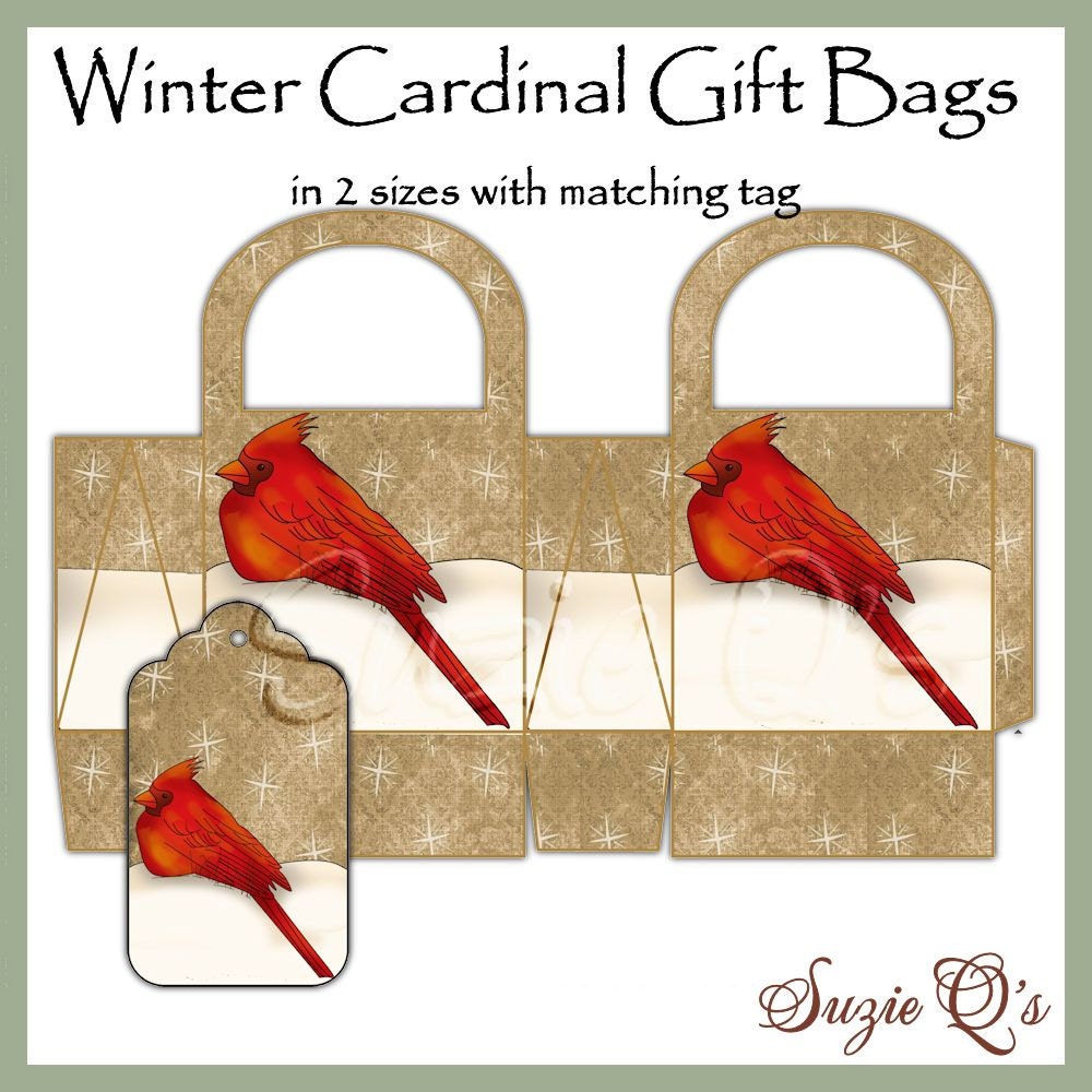 Winter Cardinal Gift Bags in two sizes with matching tag