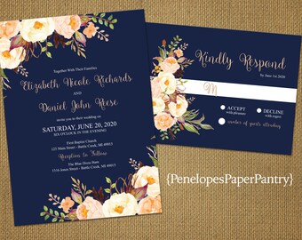 Romantic Navy Fall Wedding InvitationNavy