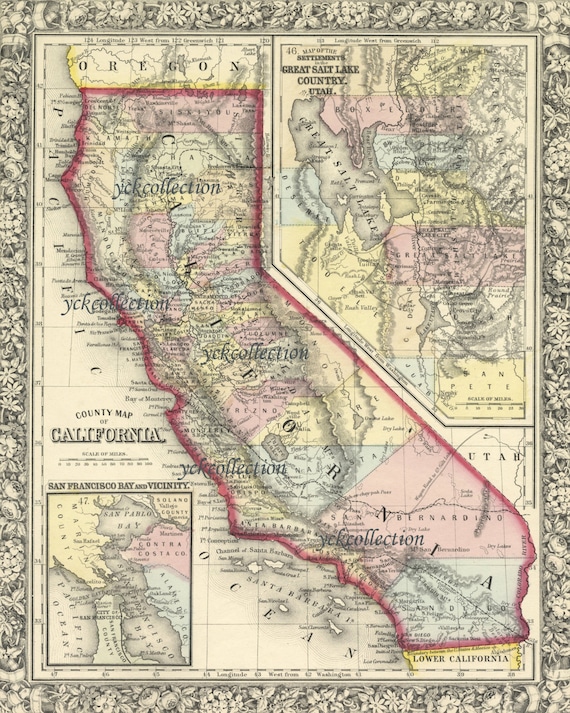 Antique Map of California 1863 8 x 10 to 32 x 40 300 dpi