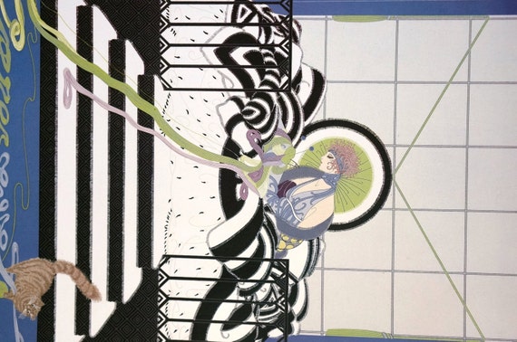 Erte 1982 PARESSEUSE Lazy Lady Knitting Cat Playing with