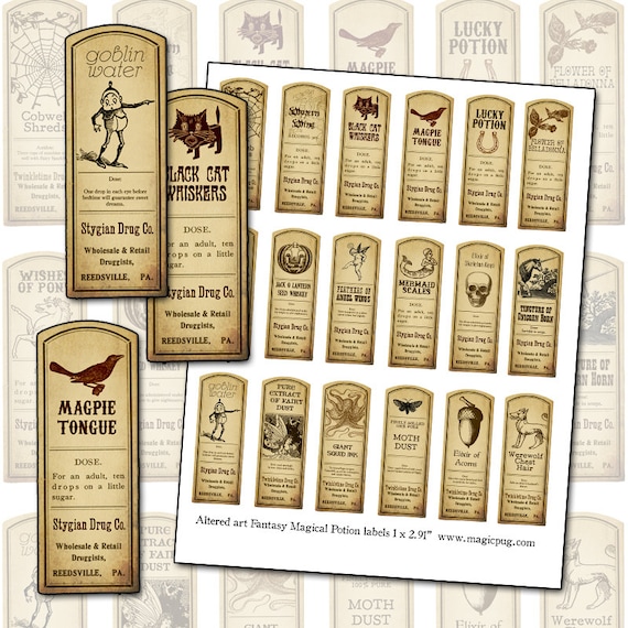 Fantasy Magic Potion Labels digital collage sheet 18 labels