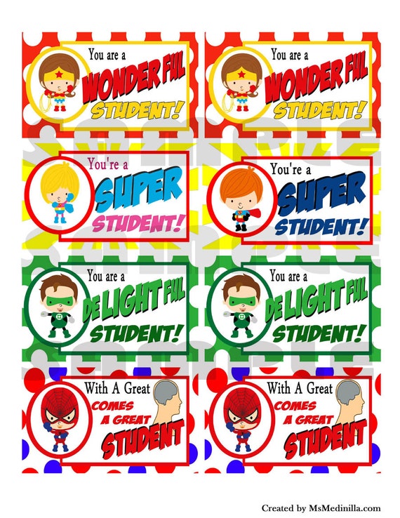 Teacher Candy Bag Tags Superhero Comic Book Favor Bag Toppers