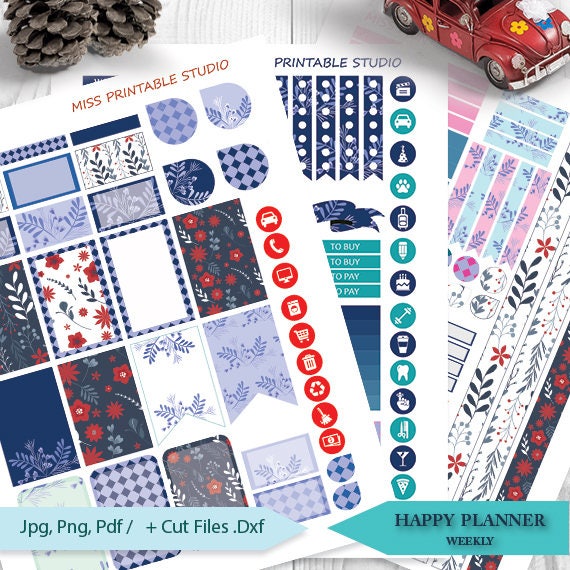 Floral Printable Planner Stickers Blue and Red HAPPY PLANNER