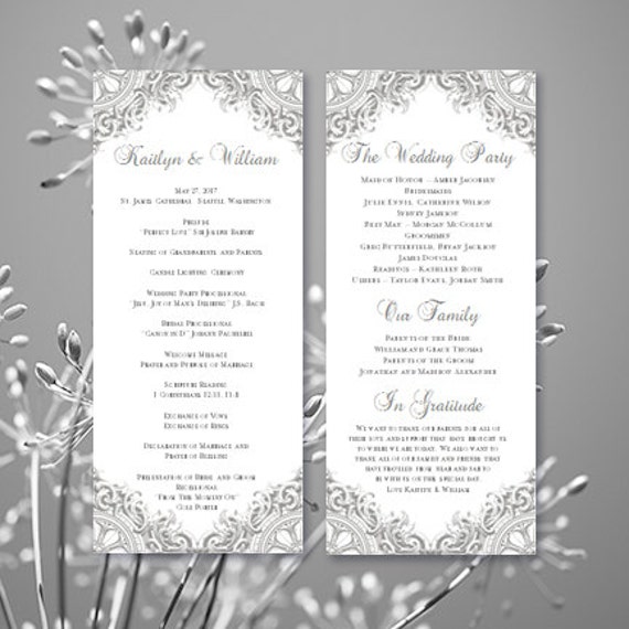 Wedding Program Vintage Silver Gray Printable Word
