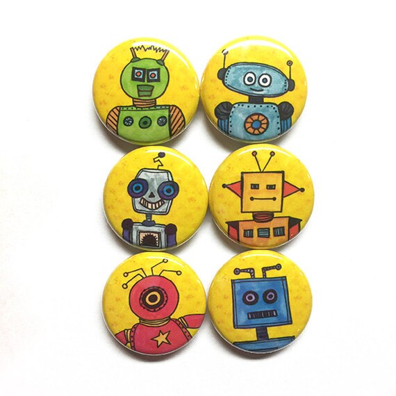 Robot Magnets or Pins 1 Inch Pinback Button or Magnet set