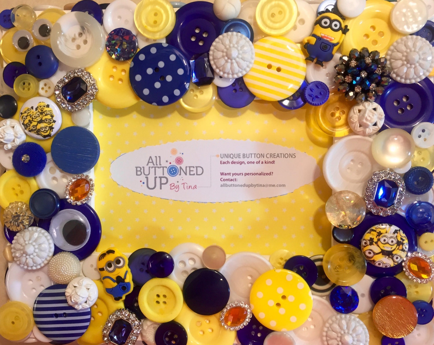 MINION Button Picture Frame in Blue Yellow and White Cartoon