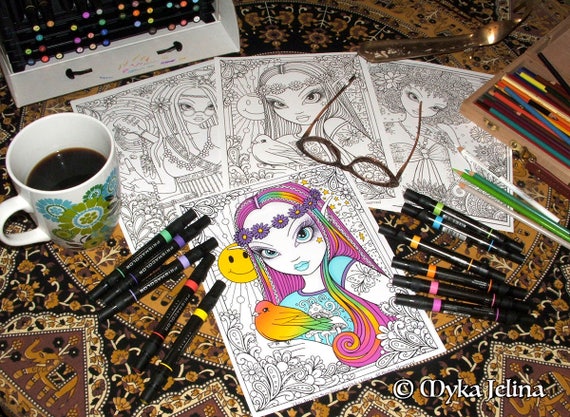 3 Pages Hippie Girls Retro Art Coloring Pages Loose