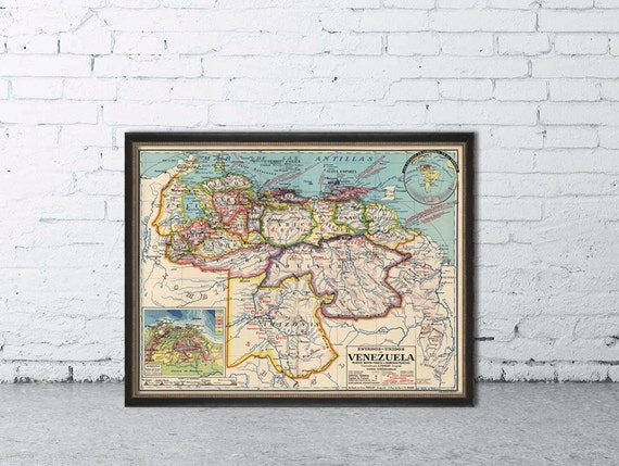 Vintage map of Venezuela Old map restored Print for wall