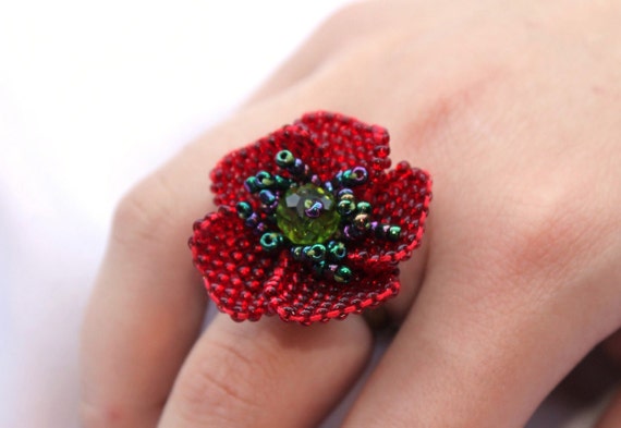 Beaded Red Poppy Ring Red Flower Ukrainian jewelry