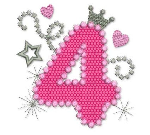 Happy Bithday Number 4 Pink Glamour for Girl Applique