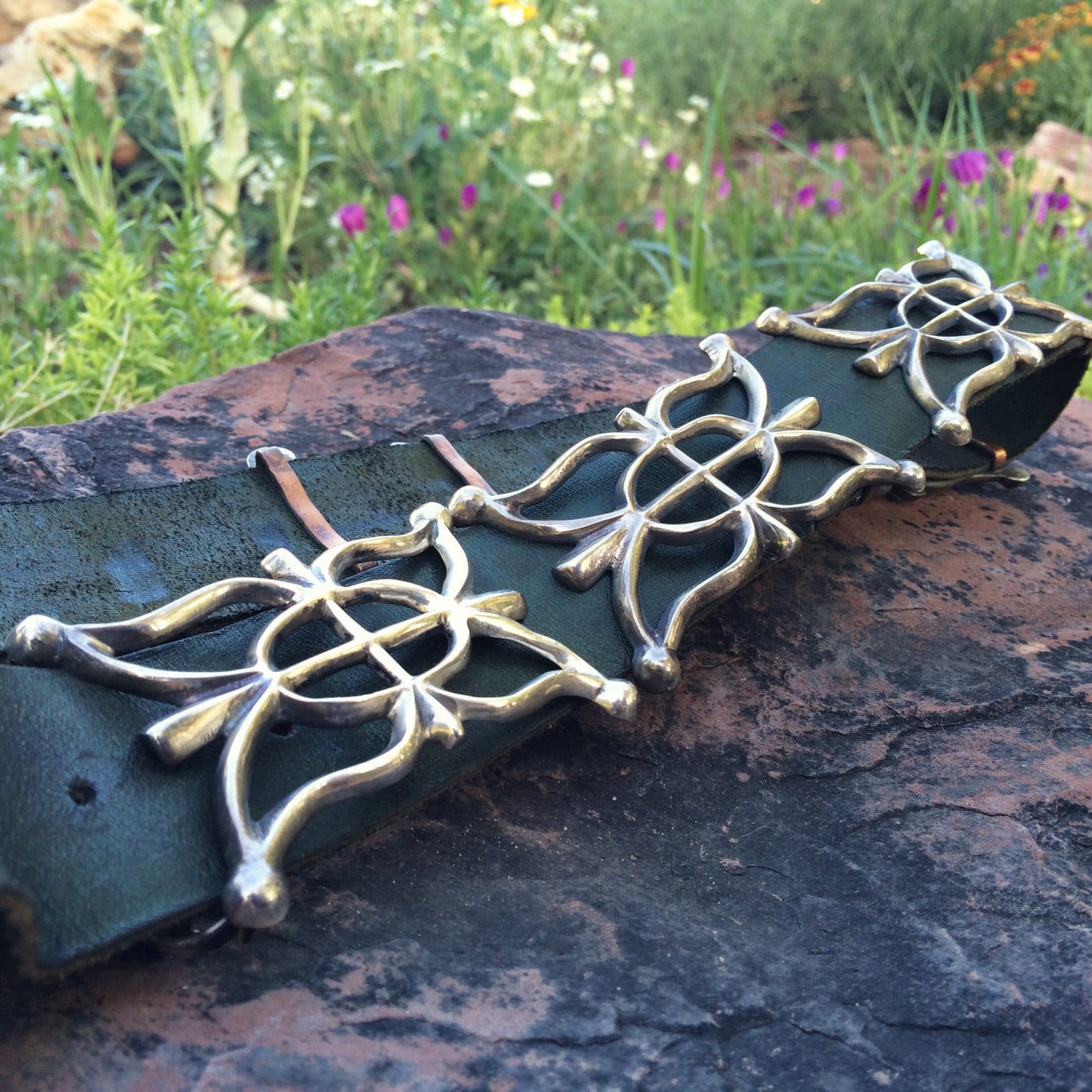 1970s silver concho belt on wide black leather, Native American belt ...