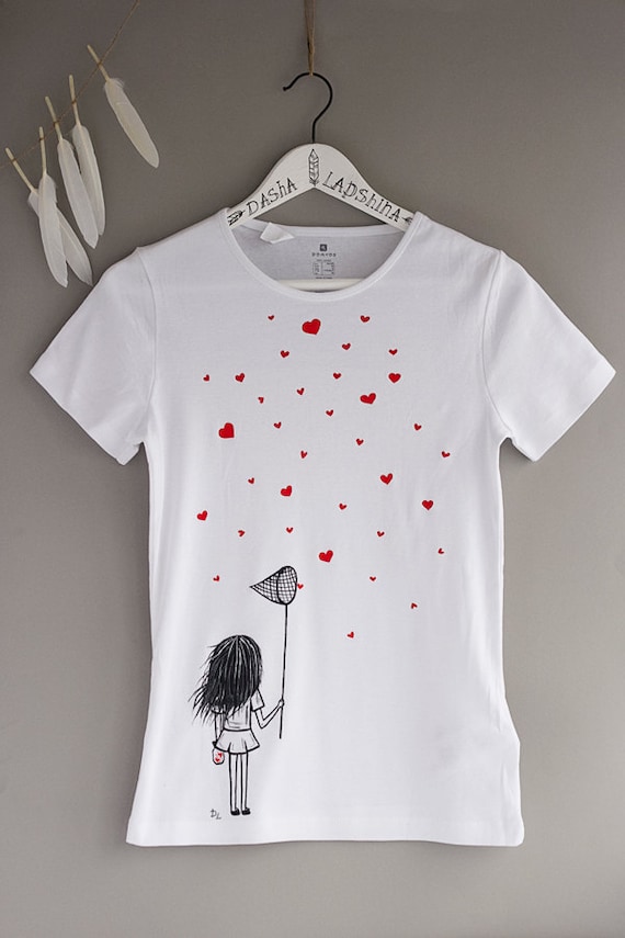 Hand painted Women T-shirt with a girl with scoop-net and
