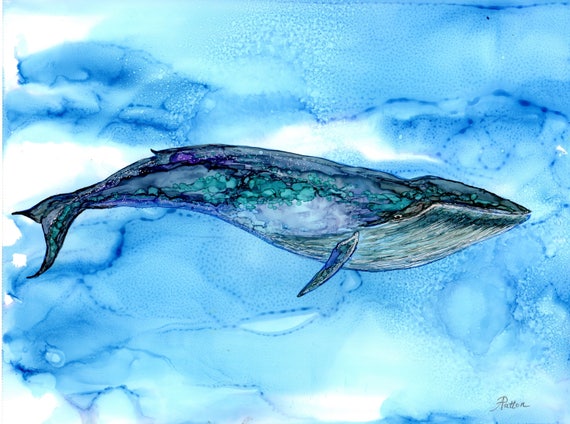 Artículos similares a Blue whale print, Blue whale alcohol ink print ...