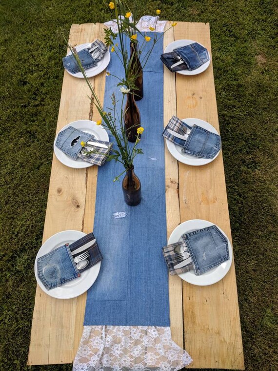 Denim & Lace Table Runner Distressed Jean Wedding Decor
