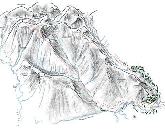 The Cuillin Ridge on the Isle of Skye. Line illustration