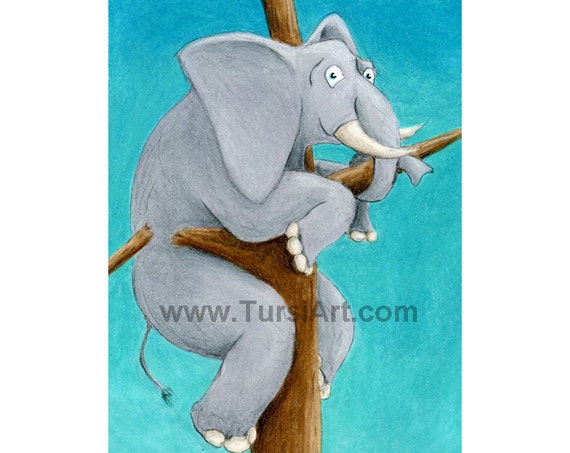 Elephant Climbing a Tree Art Print Absurd Animal Illustrations