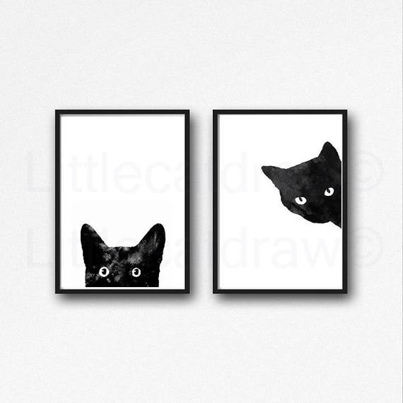 Black Cat Print Set Of 2 Black Cat Art Prints Cat Art Wall