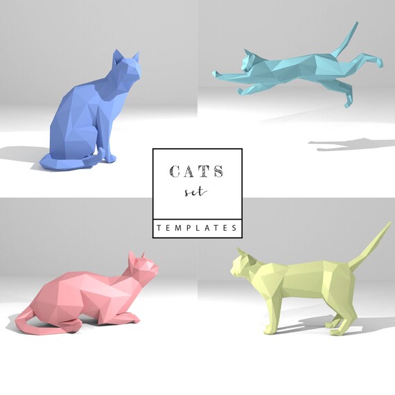 Printable DIY template PDF. Cats Set low poly paper model