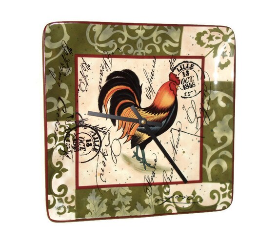 French Country Rooster Wall Clock Olive Green Damask Rustic