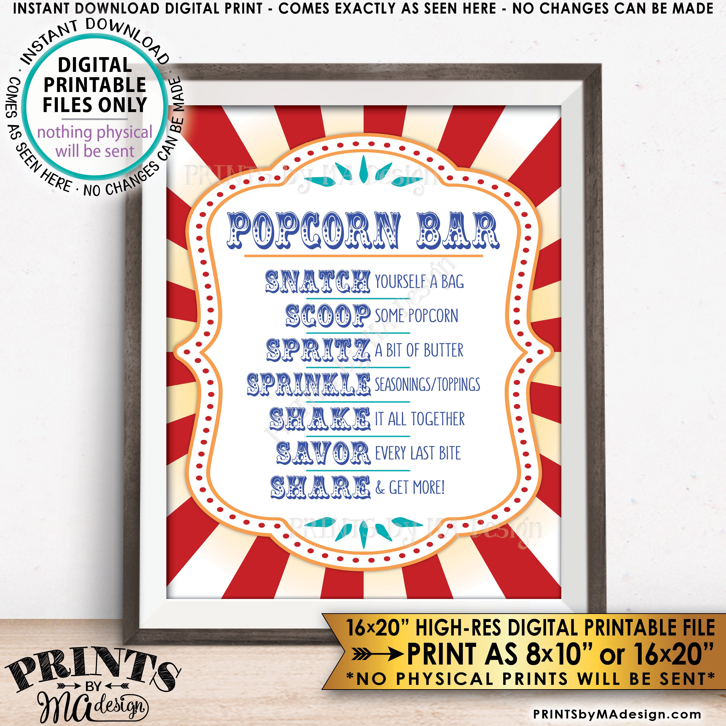 Popcorn Bar Sign, Carnival Themed Popcorn Bar Directions, Circus ...