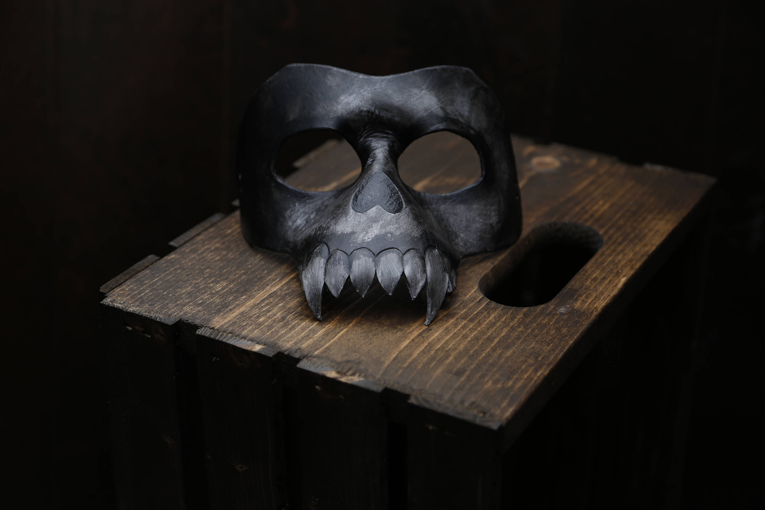 Leather Skull Mask black bone fang design demon grim