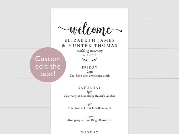 Wedding Weekend Itinerary Template Printable PDF 3.75x10