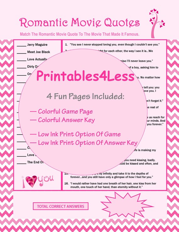 Free Printable Romantic Movie Quotes Quiz