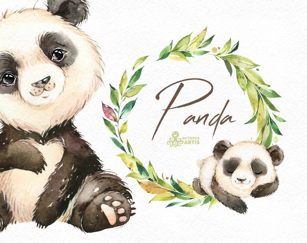 Panda. Watercolor little animal clipart floral wreath