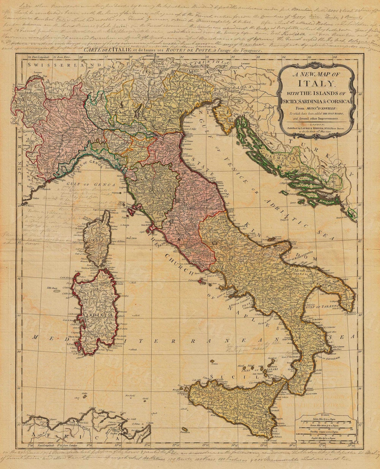 Old map of Italy (1794) Italian map in 5 sizes up to 43x55 Restoration ...
