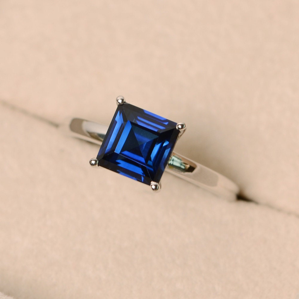 Sapphire ring square ring blue sapphire ring solitaire