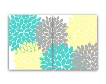 Home Decor Wall Art Yellow and Gray Flower Burst Art CANVAS