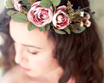 Boho flower head piece Rosebud crown Pink flower crown