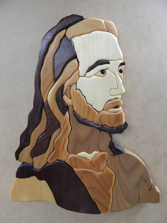 Jesus Plaque Wood Intarsia Wall hanging Handcrafted Scroll