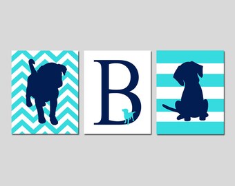 Navy Blue Lime Green Puppy Dog Nursery Art Set of Four 8x10
