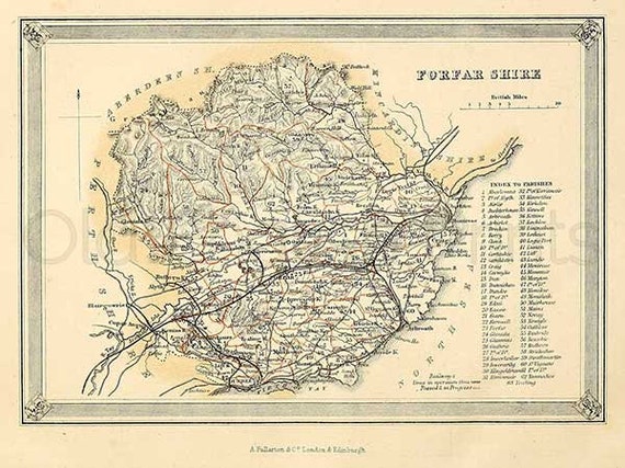 Forfar Shire c.1857 Antique Scottish County Map of Forfar