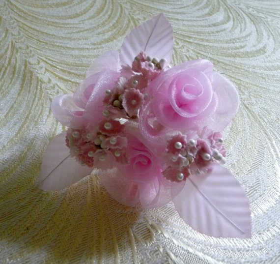 SALE Light Pink Organdy Rose Buds Cluster with Forget Me Nots