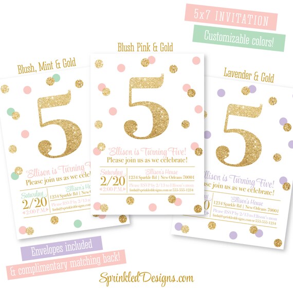 5th Birthday Invitation Blush Pink Mint Gold Glitter