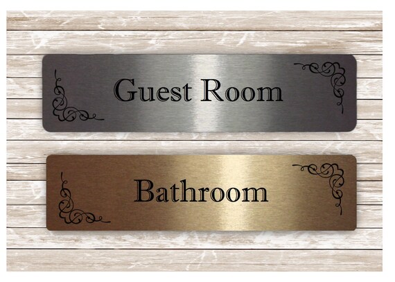 FLOURISH ROOM SIGNS in Brushed Silver Gold or White Metal: