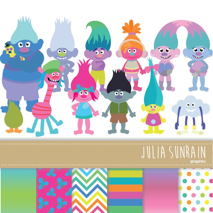 Trolls Clipart Vector & Digital Scrapbooking Papers Set