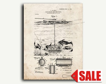 Fishing Patent Print Set of 4 Fishing Rod Lure Reel Bait