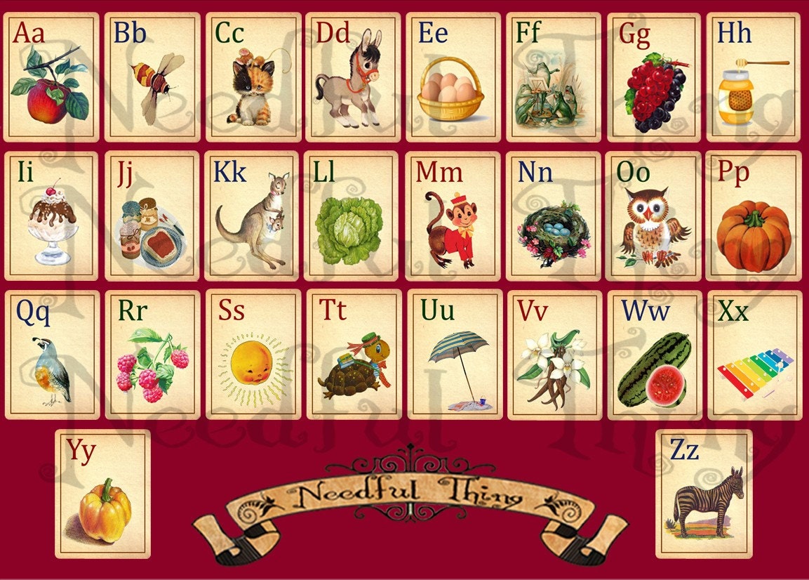 Vintage old paper alphabet abc cards child children school