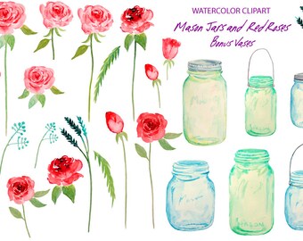 hand painted watercolour vase of flowers mason jars digital
