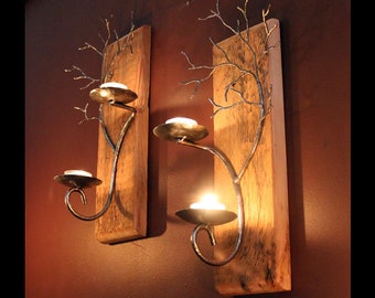 Set of two candle metal tree sculpture wall sconces for