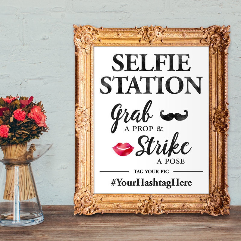 Selfie Station Photo Booth wedding hashtag sign grab a