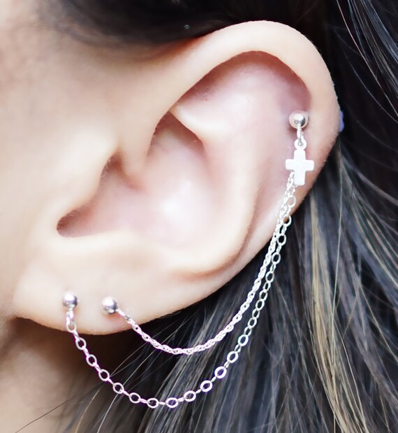 Sterling Silver Single Cross Triple Piercing