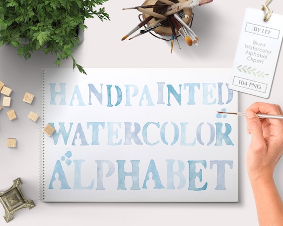 watercolor alphabet, clipart alphabet, watercolor clipart, blue ...