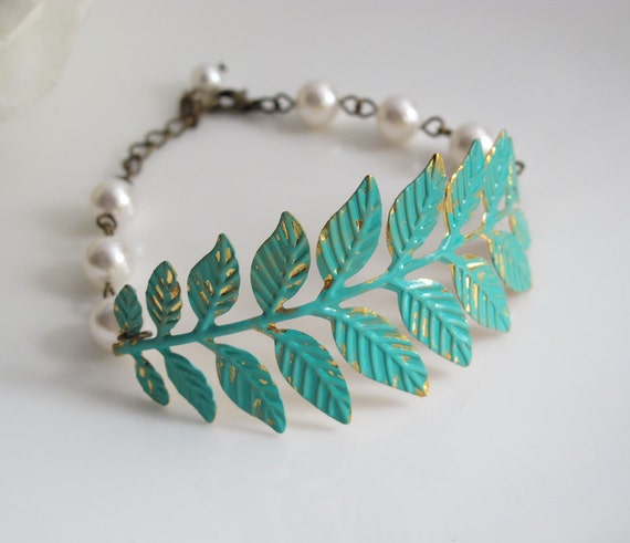 Items similar to Verdigris Patina Brass Leaf Bracelet. Leaves Branch, White Pearls Bracelet ...