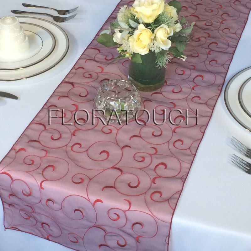 Burgundy Swirl Organza Table Runner Wedding Table Runner