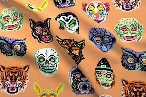 Monster Mask Fabric Halloween Masquerade In Orange By